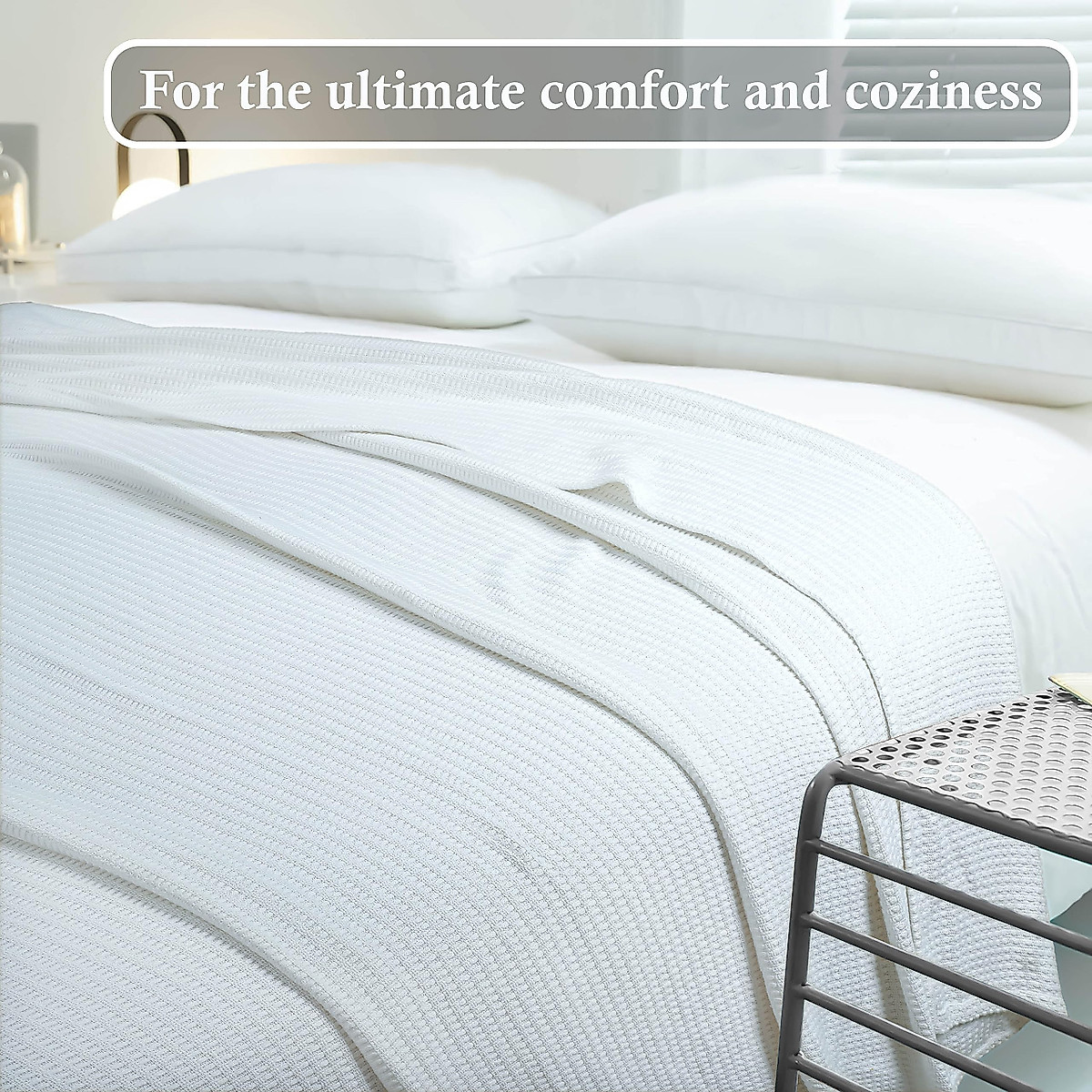 Tex Trend 100% Cotton Blanket King Size for Bed - Classic Fall Blanket, Lightweight, Thermal, Breathable, Soft Woven Blanket for All Seasons, White, 90x108 Inches