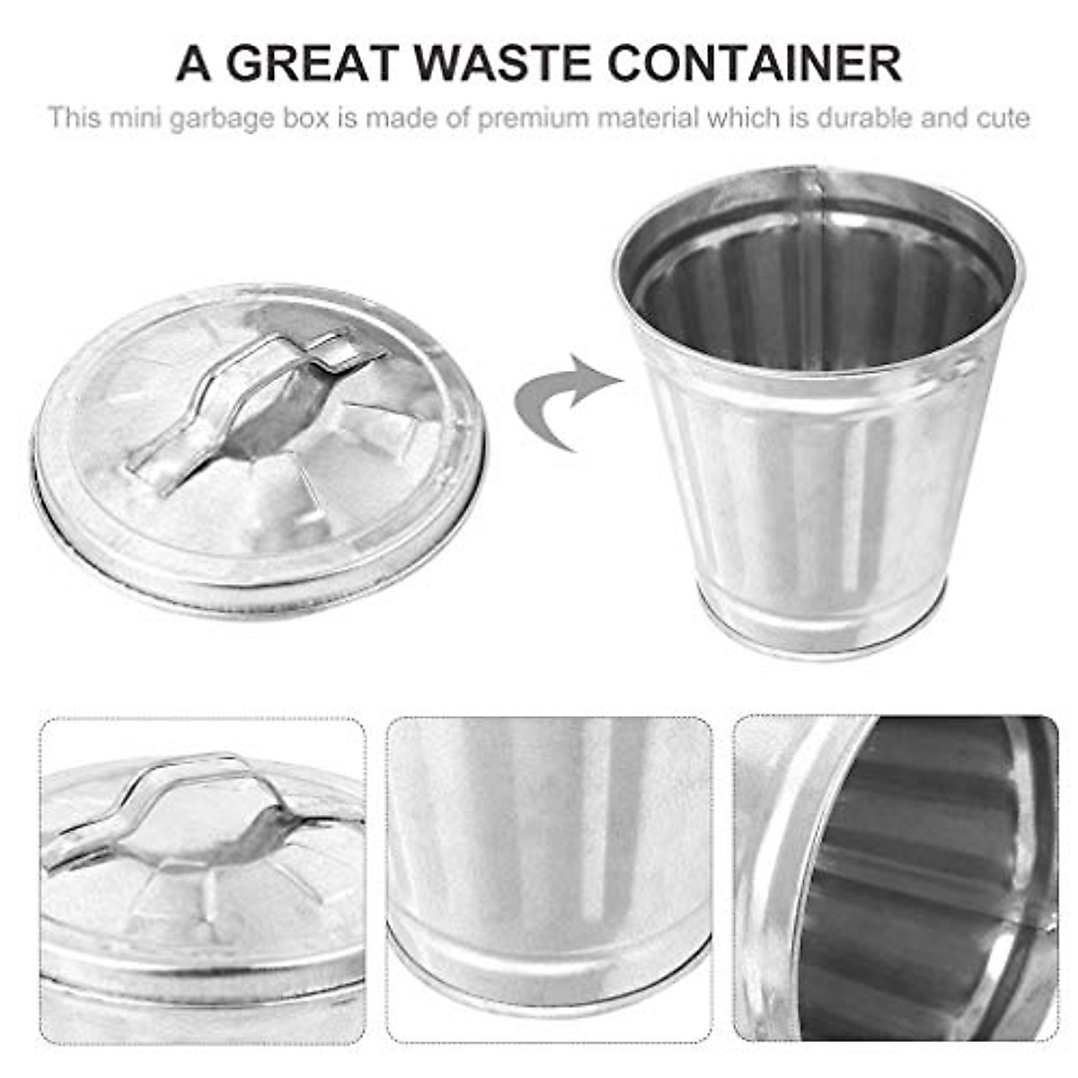 VOSAREA Plastic Bins 4pcs Desktop Garbage Trash Can Mini Metal Rubbish Bin with Lid Iron Flower Pots Tabletop Waste Bin for Kitchen Bedroom Office Decor Car Cup Holder