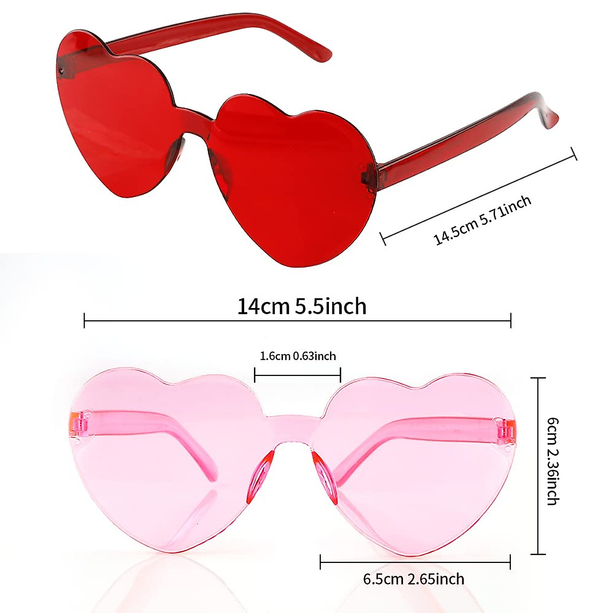 AFNWQI Heart Sunglasses, Heart Shaped Sunglasses, 3-Pack, Transparent Rimless Sunglasses, Colored Sunglasses, Heart Glasses, Heart Sunglasses for Women, Party Glasses (Red+Hot Pink+Pink)