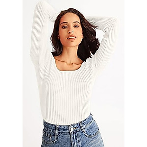 MEROKEETY Women's 2024 Square Neck Long Sleeve T Shirts Slim Fitted Ribbed Knit Casual Tee Tops, White, S