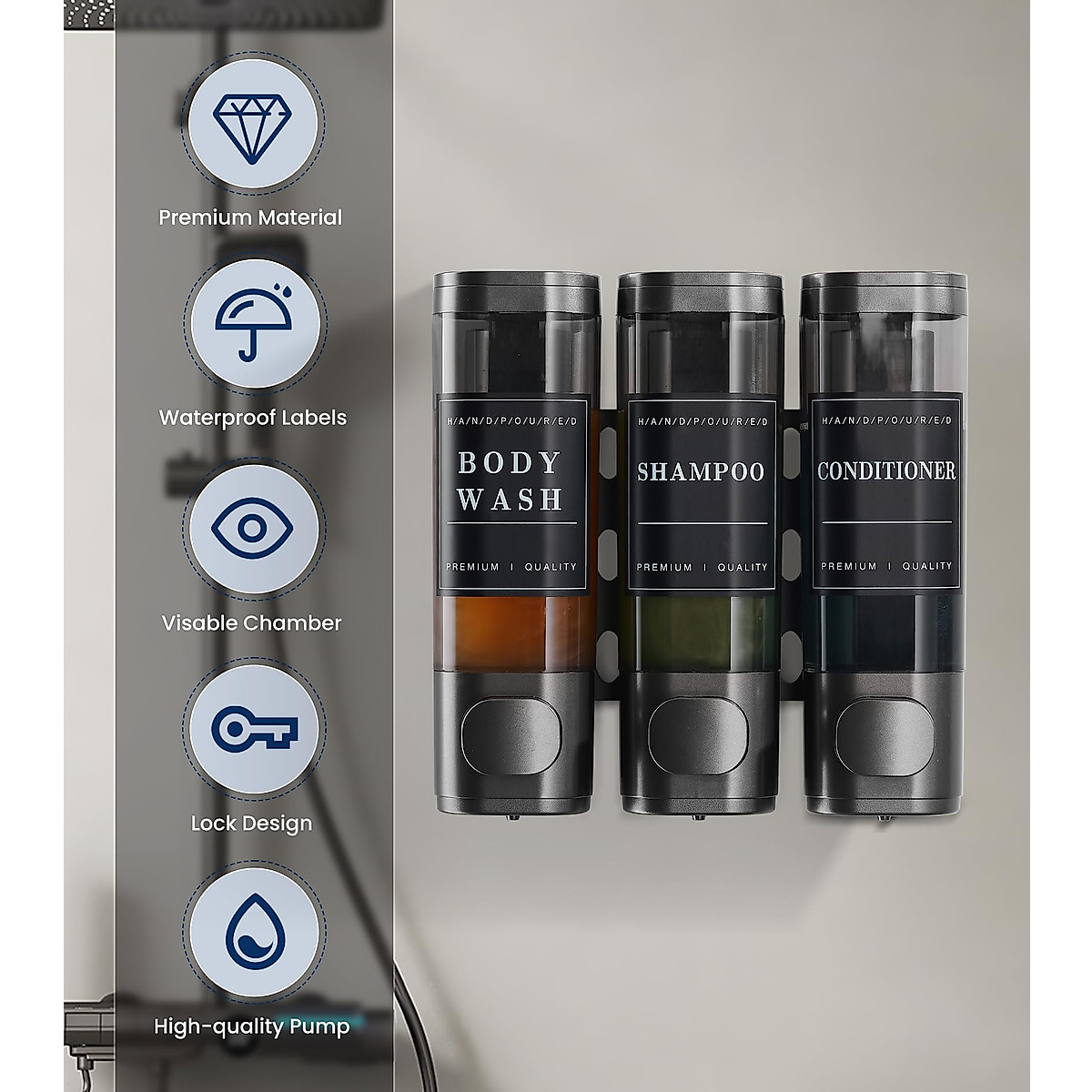 Cabo Deseado Shower Soap Dispenser Wall Mounted No Drill Shampoo Dispenser for Shower Wall Shampoo and Conditioner Dispenser Bathroom Hotel 3 * 300ml Gungray with Labels