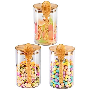 3-pack 18oz Airtight Glass Storage Canister with Wood Lid Spoon and Tray, Food Glass Jars ,Overnight Oats Containers with Lids,Decorative Kitchen Jars for Coffee Tea Sugar Spice,Salt Containers