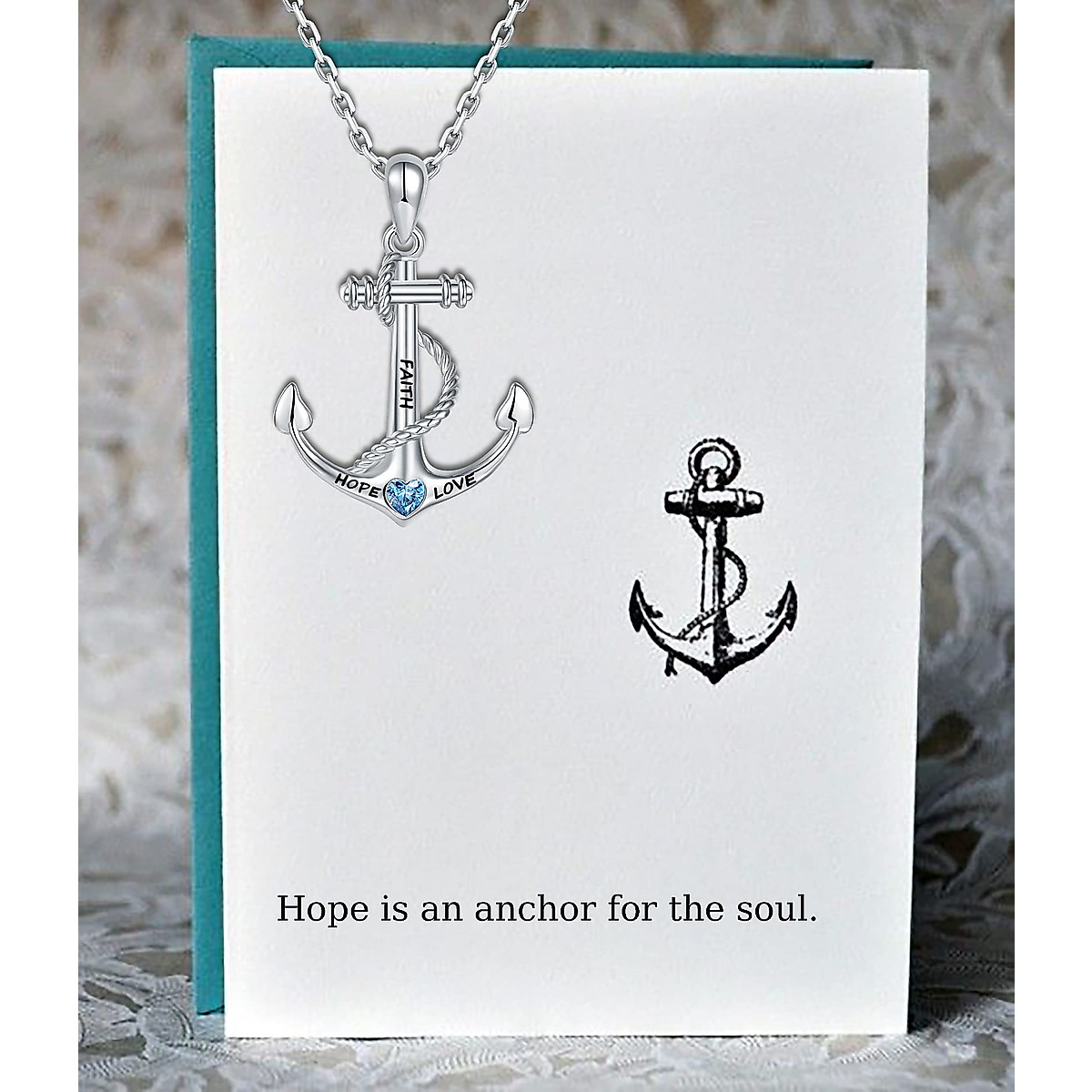 925-Sterling-Silver Sailor Anchor Necklace for Women - Engraved Ship Nautical Jewelry White Gold Plated Chain Faith Hope Love Inspirational Navy Blue Heart Cubic Zirconia Pendant Gifts