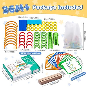 120pcs Wooden Pattern Blocks, Sticks & Rings Wooden Tangram Puzzle Stem Preschool Brain Teaser Montessori Toys Gift for 3 4 5 Years Old Toddler Kids Boy Girl