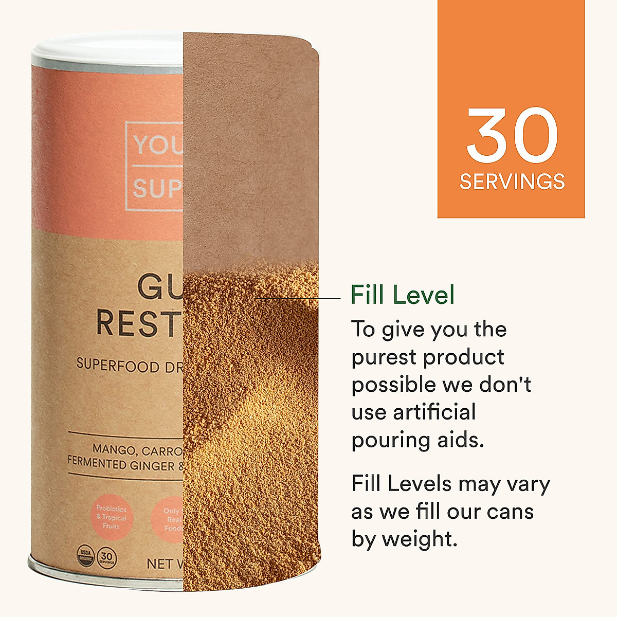 Your Super Gut Restore Superfood Powder – Organic Plant Based Powder with Probiotic Blend, Tropical Superfruit Drink Mix with Digestive Enzymes for Gut Health (30 Servings)