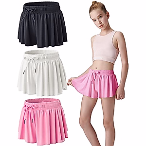 3 Pack Girls Flowy Shorts with Spandex Liner 2-in-1 Youth Butterfly Skirts for Fitness, Running, Sports (Set 2, Youth Medium)