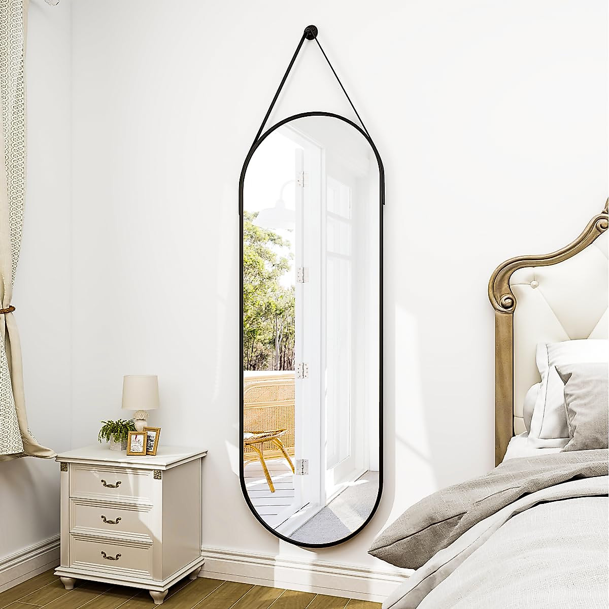 XRAMFY 16''x48'' Full Length Mirror with Hanging Leather Cord,Modern Aluminum Frame Full Body Hanging Mirror for Bathroom Vanity Living Room Bedroom Entrance