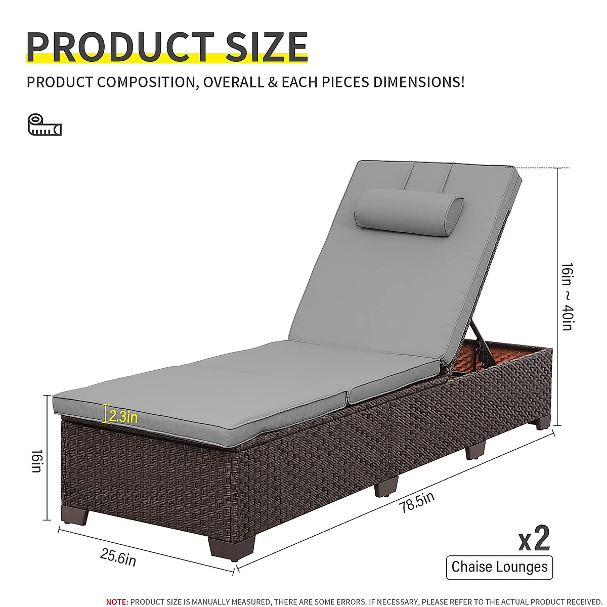 Outdoor PE Wicker Chaise Lounge Set, Patio Lounge Chairs, Outside Pool Lounger Furniture Set of 2, Brown Rattan Recliners with Adjustable Backrest, and Grey Cushions