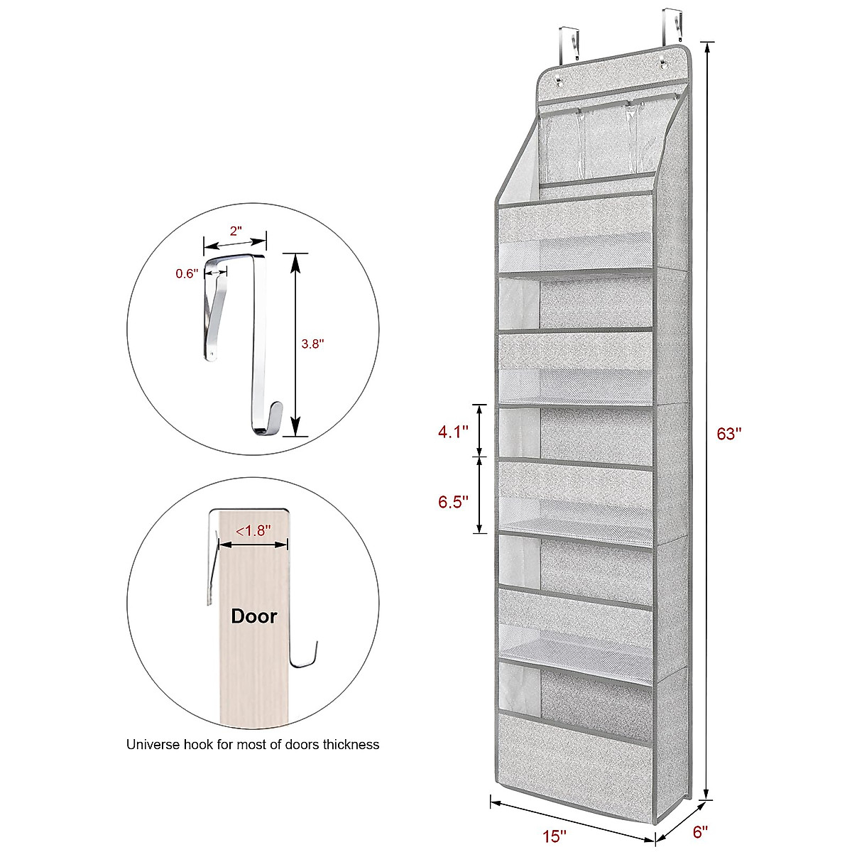 Univivi 6 - Layer Fabric Over the Door Organizer Gray Foldable Nursery Closet Storage, Large Hanging Door Organizer for Cosmetics, Toys and Sundries…