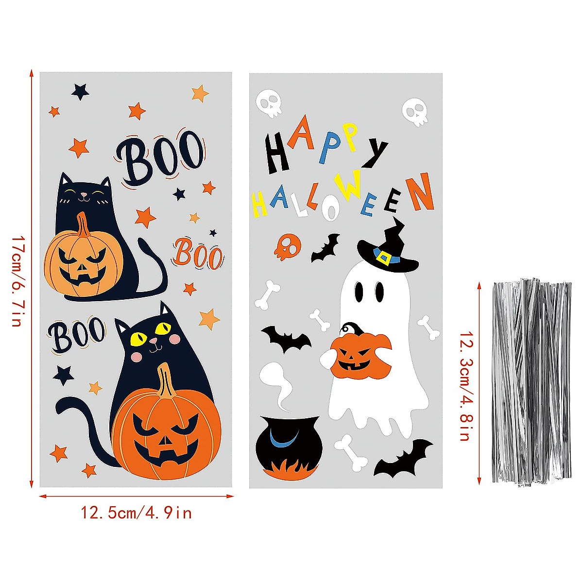 STEFORD 120PCS Halloween Cellophane Treat bags,Halloween Clear Cellophane Trick or Treat Candy Gift Cookie Bags with Twists for Halloween Party Favors Supplies