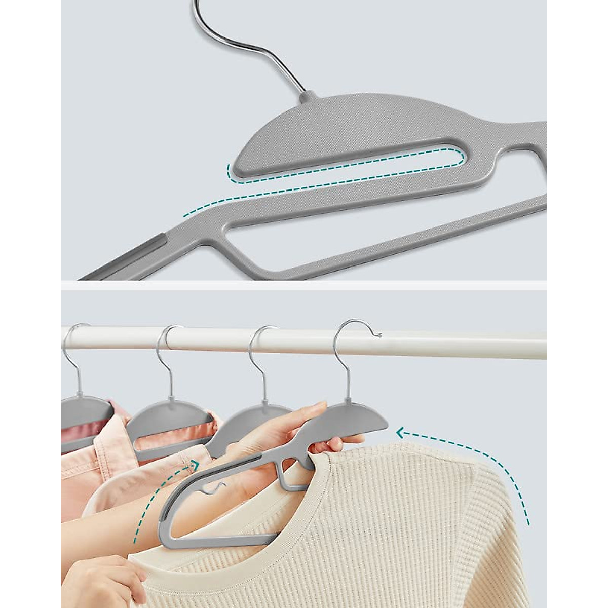 SONGMICS 30-Pack Coat Hangers, Premium Quality Plastic Suit Hangers, Heavy-Duty, S-Shaped Opening, Non-Slip, Space-Saving, 360º Swivel Hook, 16.3 Inches Long, Light Gray and Dark Gray UCRP041G05