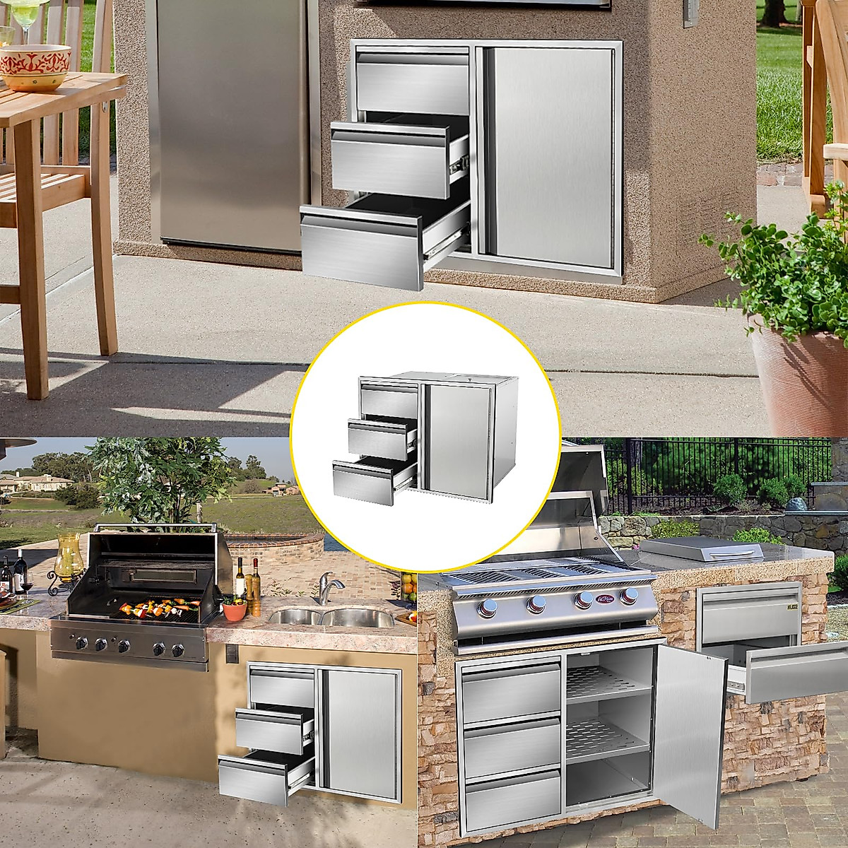 SGOLAN Outdoor Kitchen Door Drawer Combo Cabinet 28" W x 22" H x 19.5" D Stainless Steel Built-in Triple Drawers&Right Access Door Combo Cabinet for Outdoor Kitchen Island, Patio Grill Station