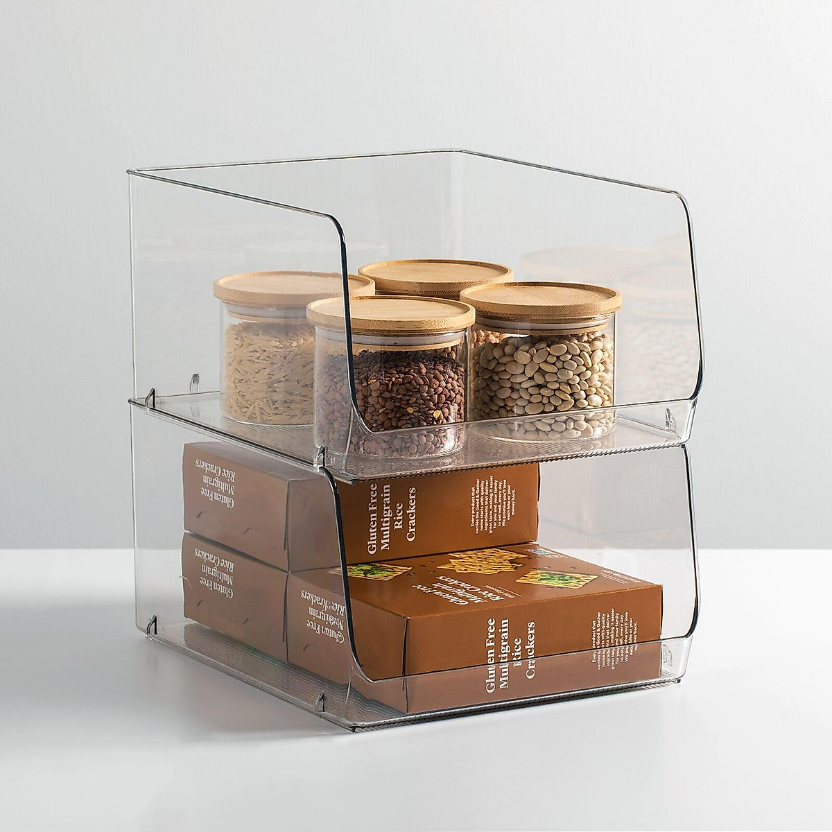 mDesign Wide Stackable Plastic Food Storage Organizer Bin Basket with Open Front for Household Kitchen Cabinets, Pantry, Offices, Closets, Bedrooms, Bathrooms - 10.2" Wide, 2 Pack - Clear