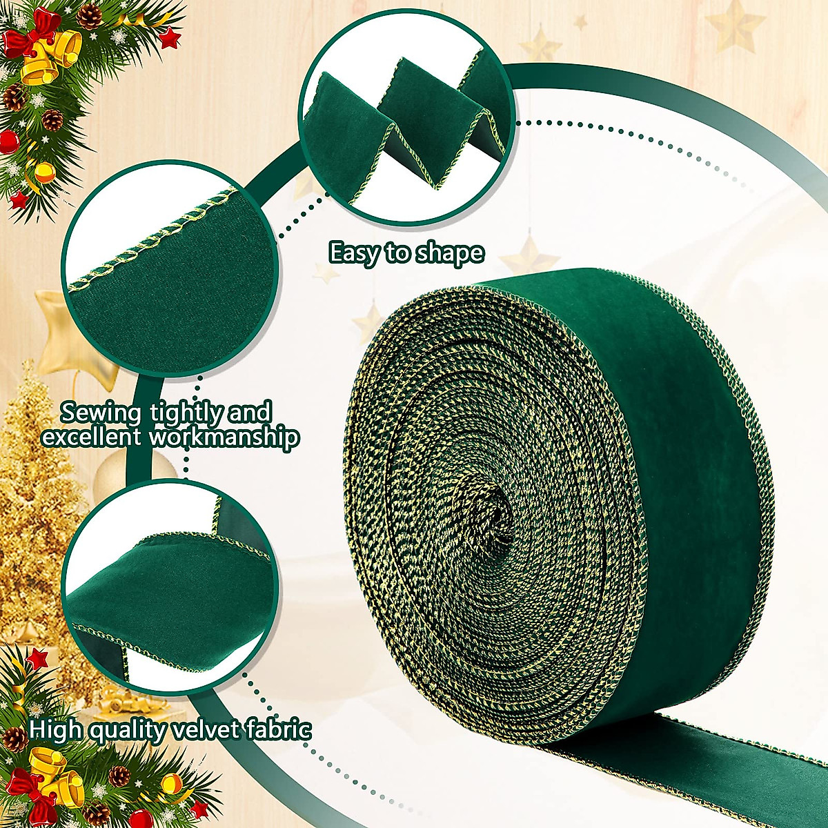 Yungyan Velvet Ribbons with Gold Edge Felt Ribbon Gift Bow Wrapping Ribbon Waterproof for Handmade, Home Decor, Gift Wrapping, Wreath DIY Crafts, Christmas Tree(Green,2.5 Inch X 60 Yards)