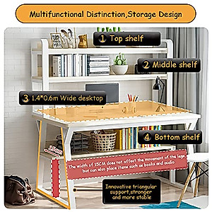 QQXX Computer Desk with Hutch and Bookshelf,47 inch Large PC Table with Metal Legs,Home Office Table Desk with Storage Shelves,Study Writing Workstation,Easy Assemble,White,31x20x29inch