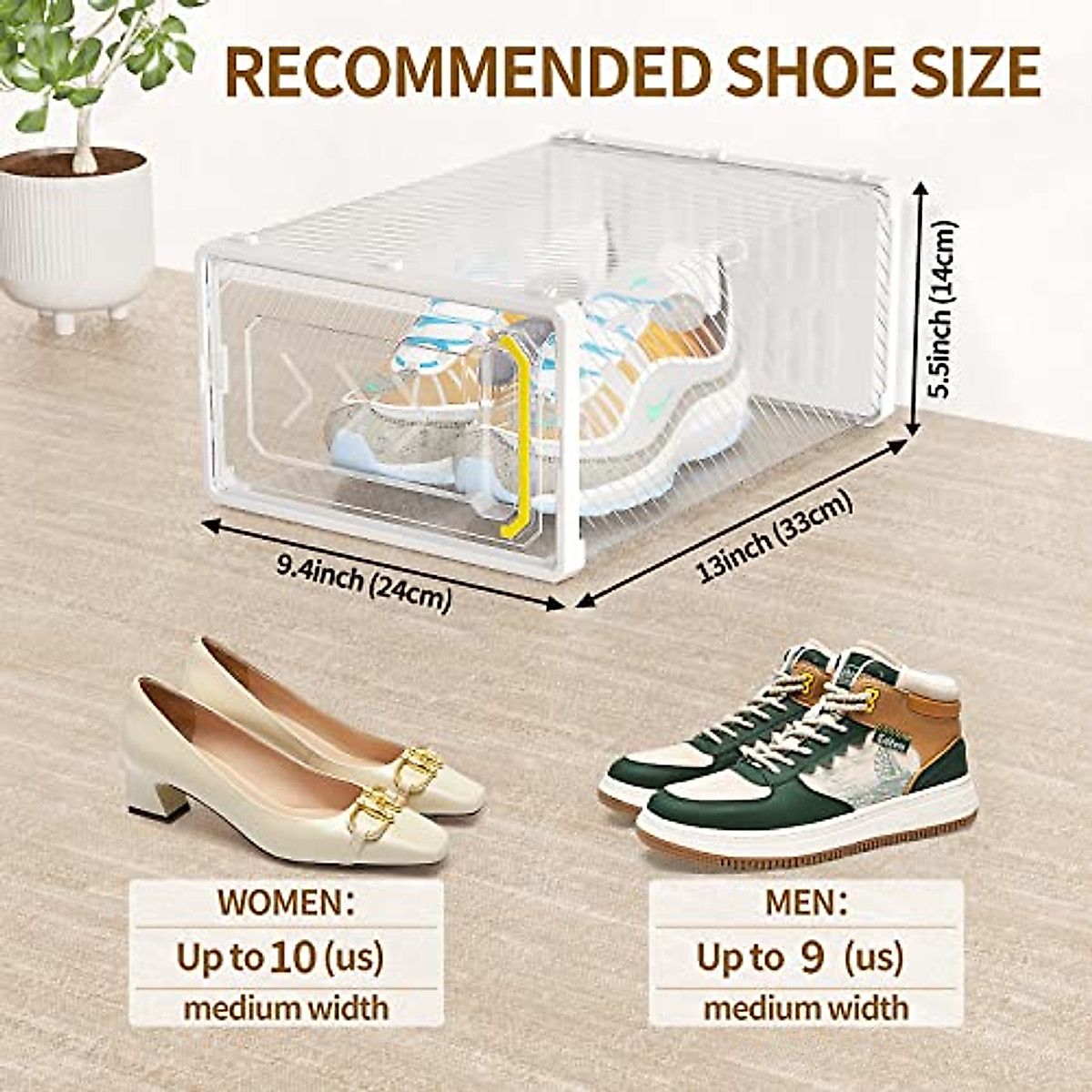 Gardace 12 Pack Shoe Storage Boxes，Clear Plastic Stackable Shoe Organizer for Closet，Foldable Shoe Rack Sneaker Container Bins Holders，with Yellow Door Handle