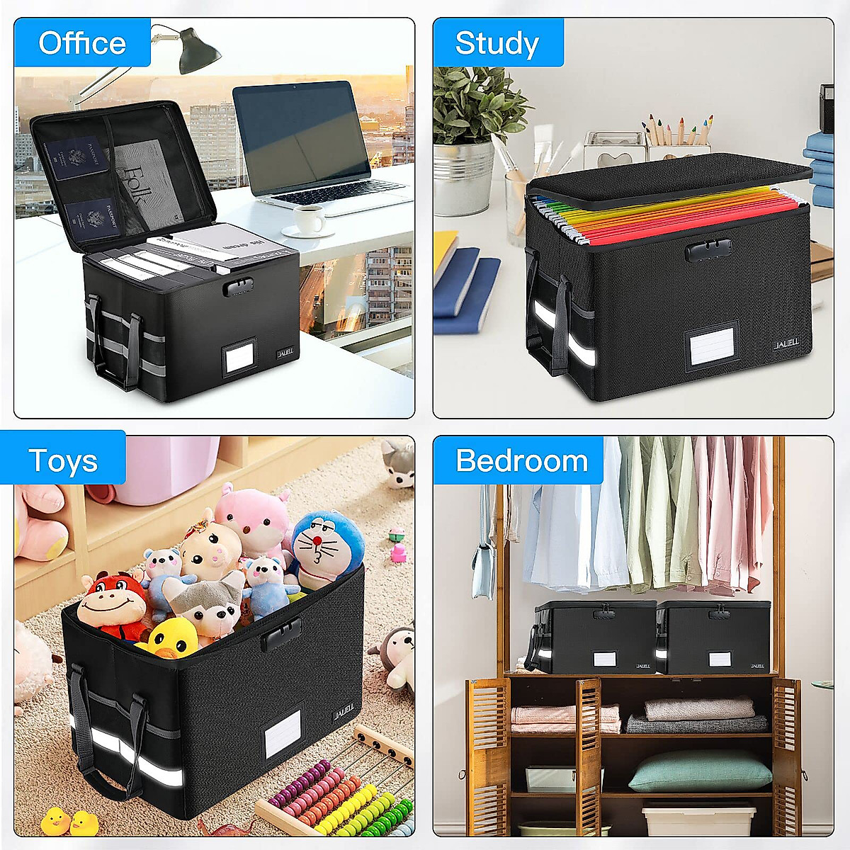 Upgraded File Box with Lock, Fireproof Document Box File Cabinet File Organizer Box with Water-Resistant Zipper & Adjustable Handle, Collapsible Filing Cabinet for Hanging Letter/Legal Folder (Black)