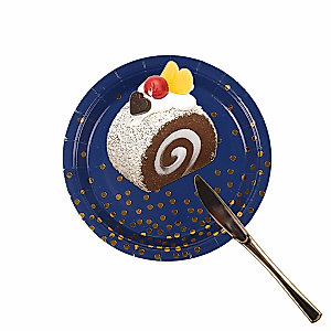 175PCS Disposable Cutlery Set for 25 Guests Blue and Gold Party Cutlery Set Includes Dinner Plate Salad Plate Napkin Cup Knife Fork Spoon for Birthday Party Wedding