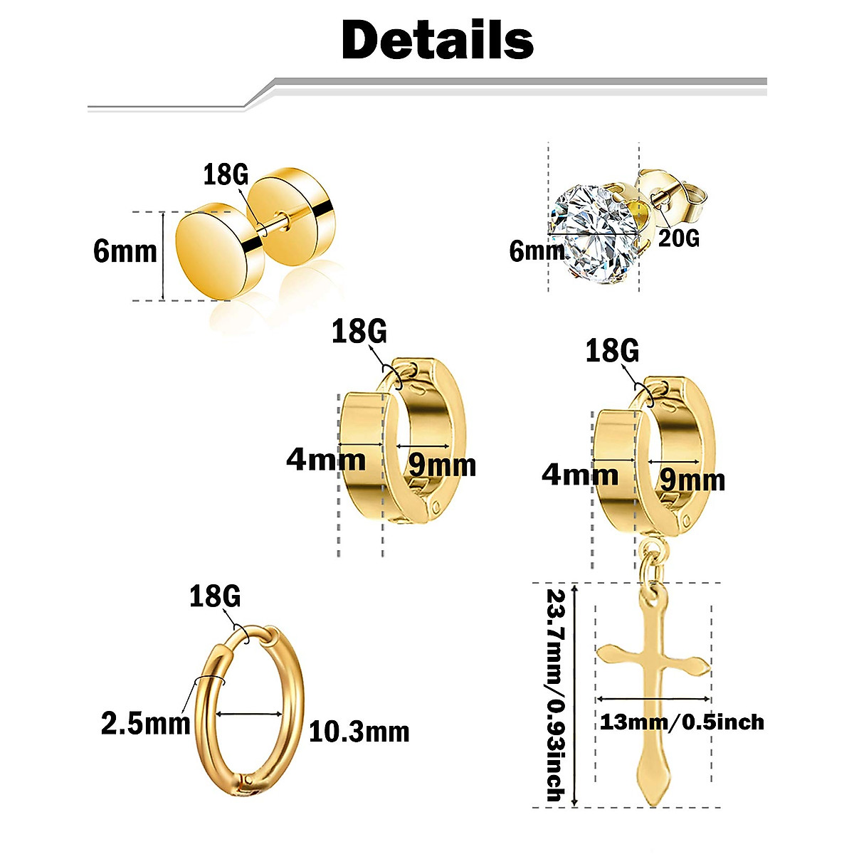 Ofeiyaa 15 Pairs Stainless Steel Dangle Hinged Earrings Hoop Huggie Earrings CZ Stud Earrings Set for Men Women Ear Piercing Jewelry Silver Black Gold Tone