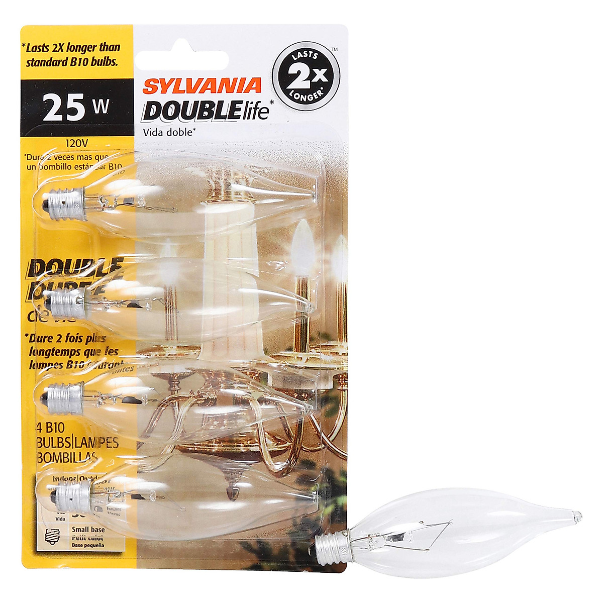 SYLVANIA Double Life Incandescent Light Bulb, B10, 25W, 150 Lumens, 2850K, Candelabra Base, Clear, Soft White - 4 Pack (13306)