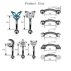 EVISPOL 10Pcs 16G Rook Piercing Jewelry for Women Men, Eyebrow Rings Curved Barbell 316L Stainless Steel Belly Lip Rings CZ Daith Cartilage Earrings Tragus Helix Piercing Jewelry-6MM-Black