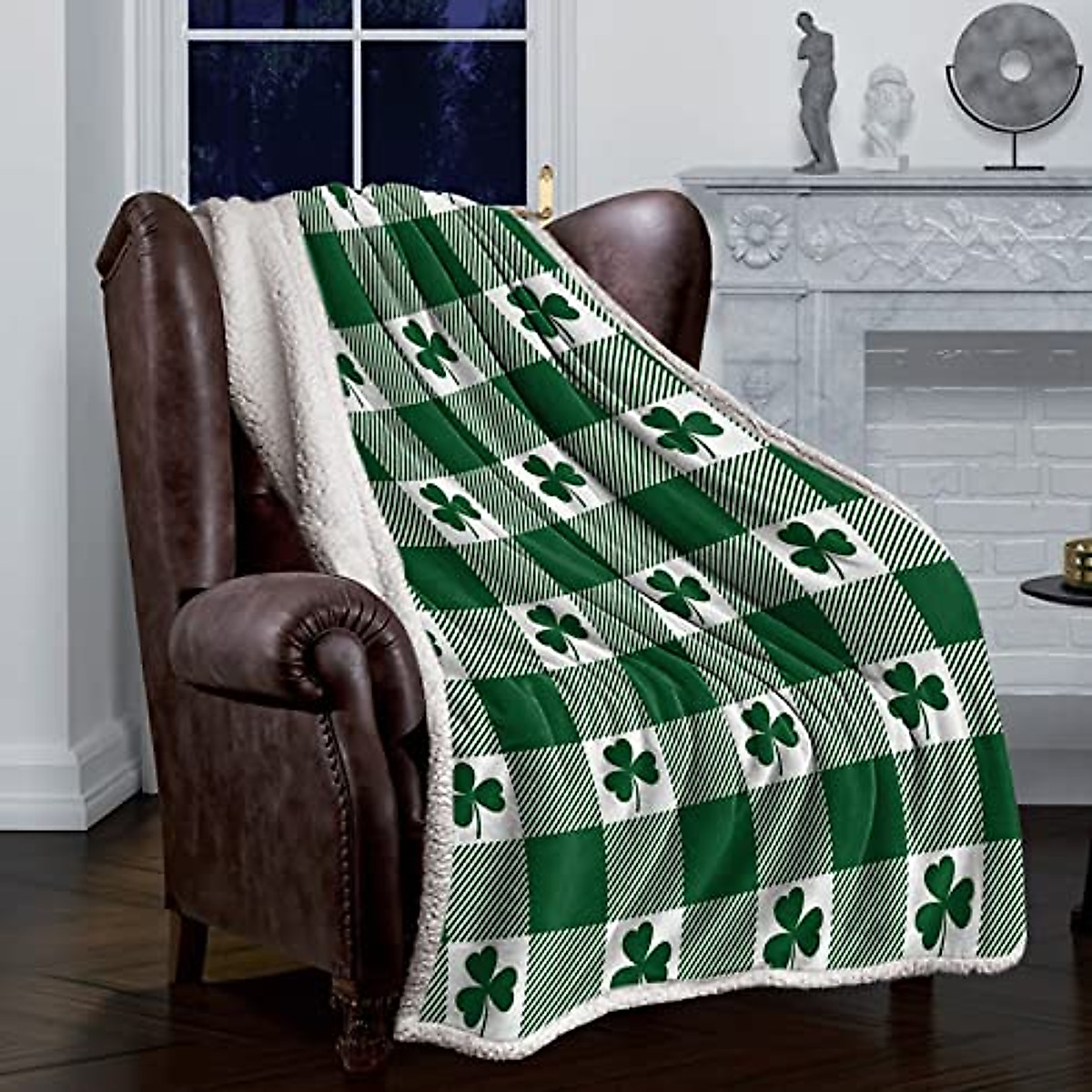 Sherpa Throw Blanket St. Patrick's Day Irish Green Shamrock Clover Super Soft Cozy Warm Luxury Microfiber Blankets Flannel Fleece Plush Quilt Bedspread for Bed Couch Sofa Buffalo Lattice
