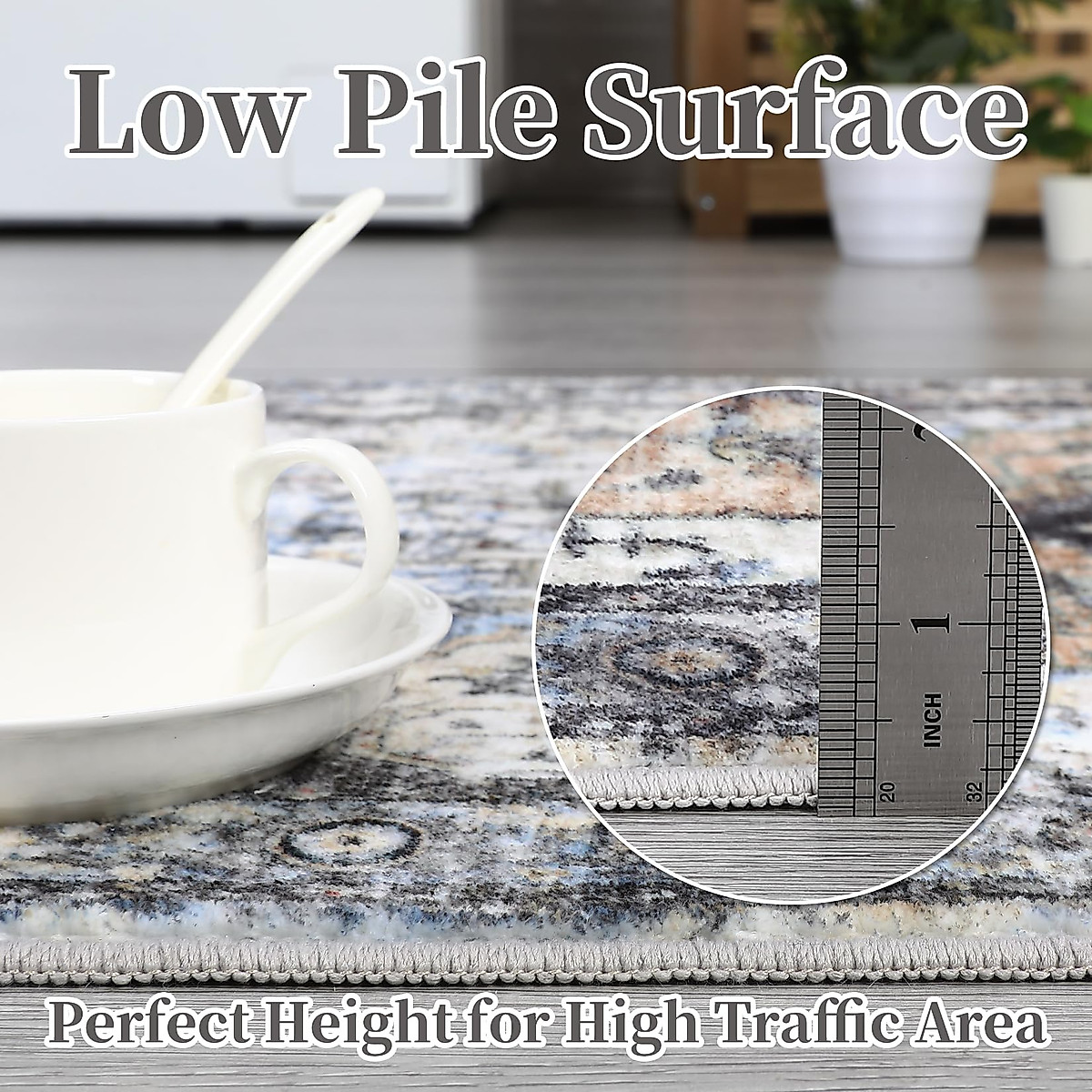 COZYLOOM Area Rug 2x6 Washable Hallway Runner Rug Non-Slip Entryway Laundry Rug Runner Non Shedding Floor Carpet Vintage Rugs for Hallway Bedroom Kitchen Bathroom, Blue/Grey