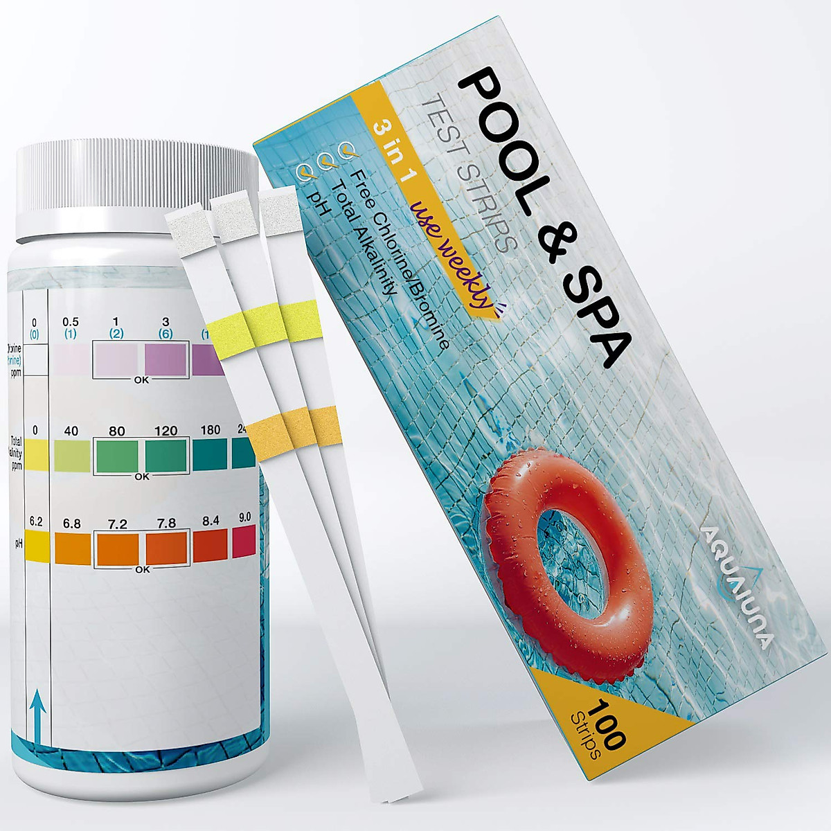 Aqualuna Pool and Spa Test Strips 100 Counts: 3 Way Hot Tub Test Kit Testing for Free Chlorine/Bromine, Total Alkalinity and pH. Easy and Accurate Spa Test Strips for Hot Tub