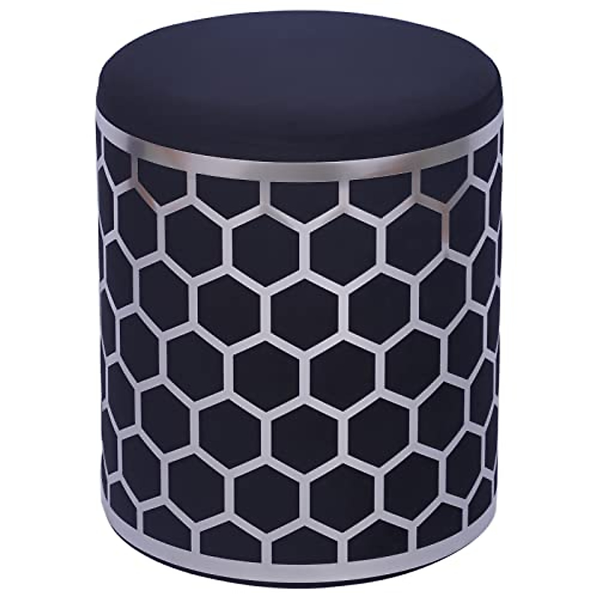 SOFT ASS Modern Round Velvet Ottoman Vanity Chair Large Footrest Stool with Hexagon Silver Metal Frame for Bedroom Living Room Study and Entrance - Black