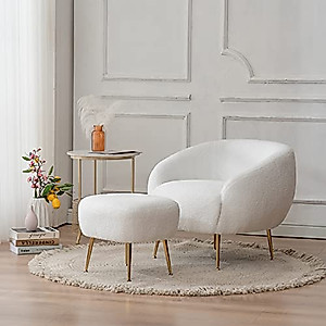 Kiztir Sherpa Accent Chair, White Accent Chair with Ottoman/Gold Legs, Modern Accent Chair for Living Room, Bedroom or Reception Room