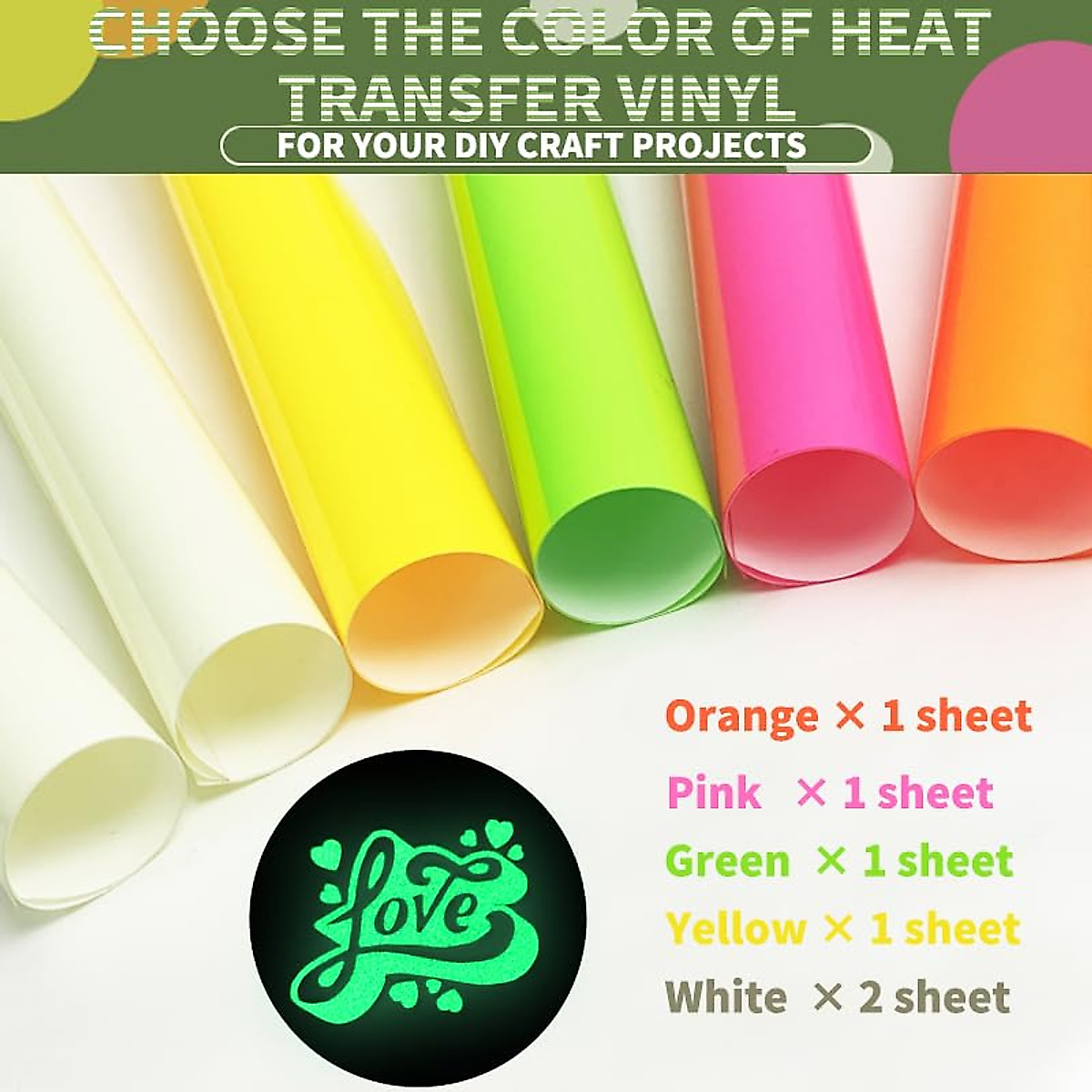 SHOYISI 3D Puff Glow in The Dark Heat Transfer Vinyl Luminous Fluorescent Color HTV Puff Vinyl 6 Sheets 12"x10"for Heat Press T Shirt…