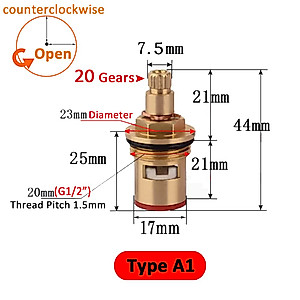 Faucet Ceramic Stem Cartridge Valve, G1/2" Brass Tap Ceramic Disc Cartridge Replacement for Bothroom Kitchen (Type A1- H44mm)