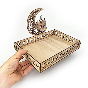 Ramadan Wood Tray Mubarak Party Food Tray Moon & Star Tray Table Decorations Small Wood Tray for Home Party Bedroom Eid Ornaments Eid Crafts