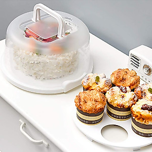 Cake Carrier with Handle, Cake Holder with Cover Lid, Round Cupcake Container Saver Transporter for Pies Cookies Nuts Fruit Storage, 10 Inch (White)
