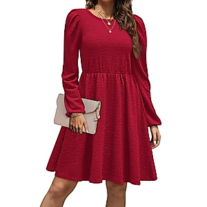 SAMPEEL Winter Womens Burgundy Dress Elegant Puff Sleeve Casual Christmas Dresses Knee Length M