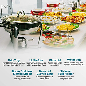 4 Quart Round Stainless Steel Chafing Dish with Bonus Slotted Spoon and Drip Tray for Lid| Keeps linens Dry | for Wedding, Graduation, Events, Parties | Sterno Holder…