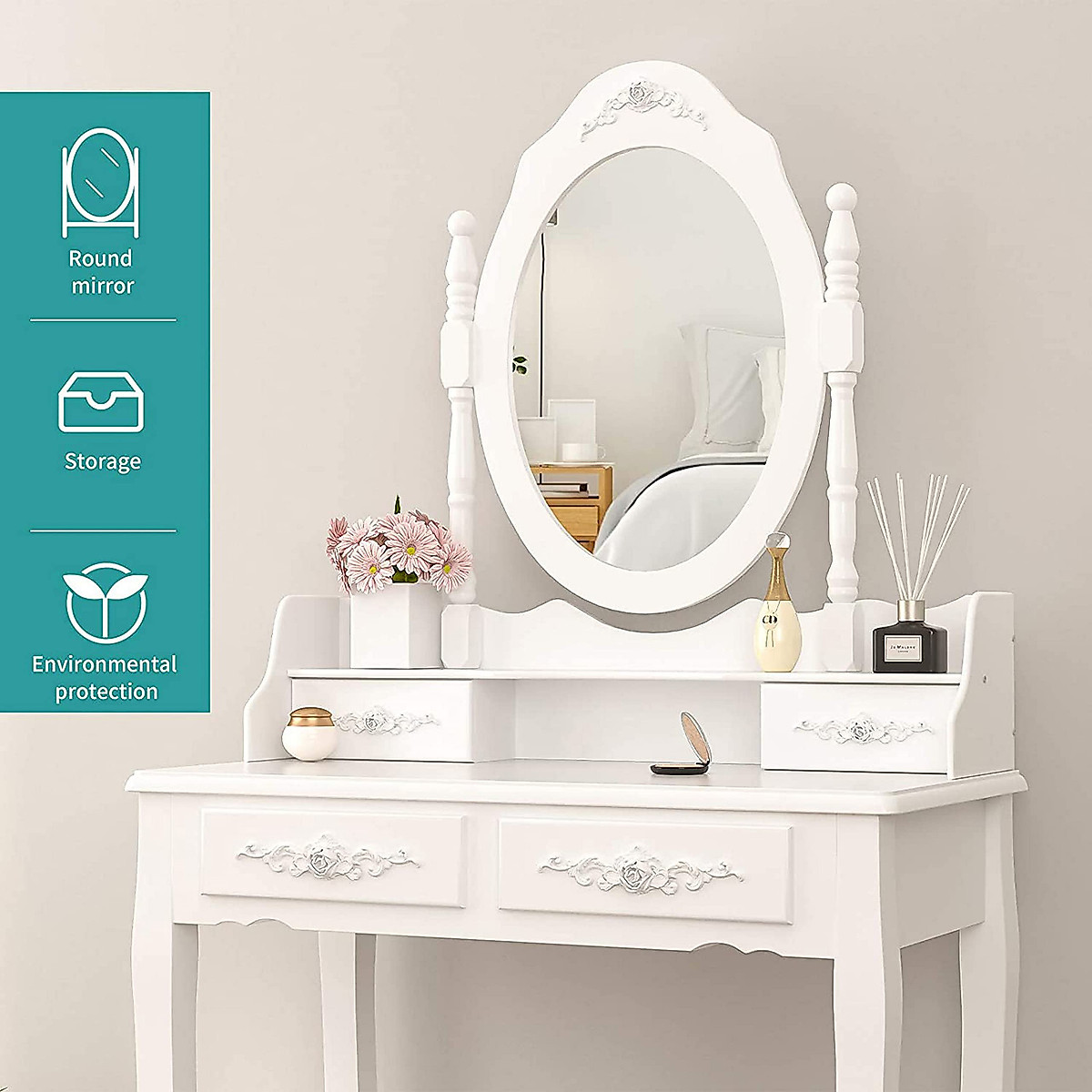 The Urban Port Ren 30-Inch 3-Piece Vanity Desk Set with Rotating Mirror and Matching Stool, 4 Drawers, Solid Wood, Pure White