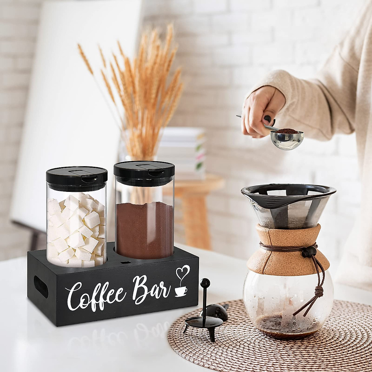 Glass Coffee Containers with Shelf,Coffee Station Organizer,Coffee Canister with Scoop,2x48oz Coffee Bean Storage with Airtight Locking Clamp,Coffee Container for Ground Coffee(Black)