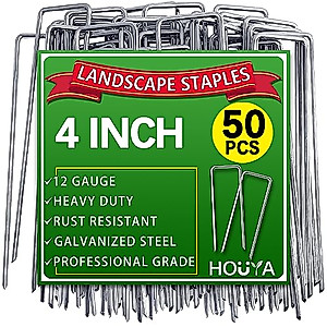 HOUYA 50 Pack Landscape Staples 4 Inch 12 Gauge Garden Stakes Galvanized Garden Staples Pins Anti-Rust Ground Stakes for Weed Barrier, Irrigation Tubing, Yard Lawn, Landscape Fabric