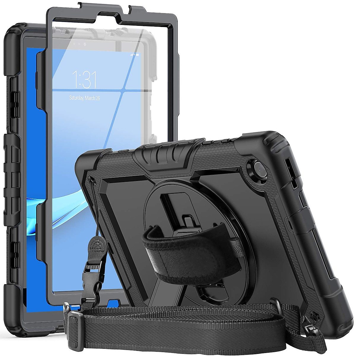 Case for Lenovo Tab M11 TB-331FC with Screen Protector Pen Holder | Herize Lenovo Tab M11 Case with 360 Rotating Kickstand Hand Grip Shoulder Strap | Black