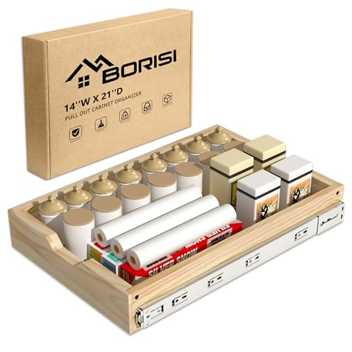 BORISI Pull Out Drawers for Cabinets,14" W x 21" D, 1 Tier Heavy-Duty Slide out Wood Drawer Shelf, Pull Out Cabinet Organizer for Kitchen, Pantry, Bathroom