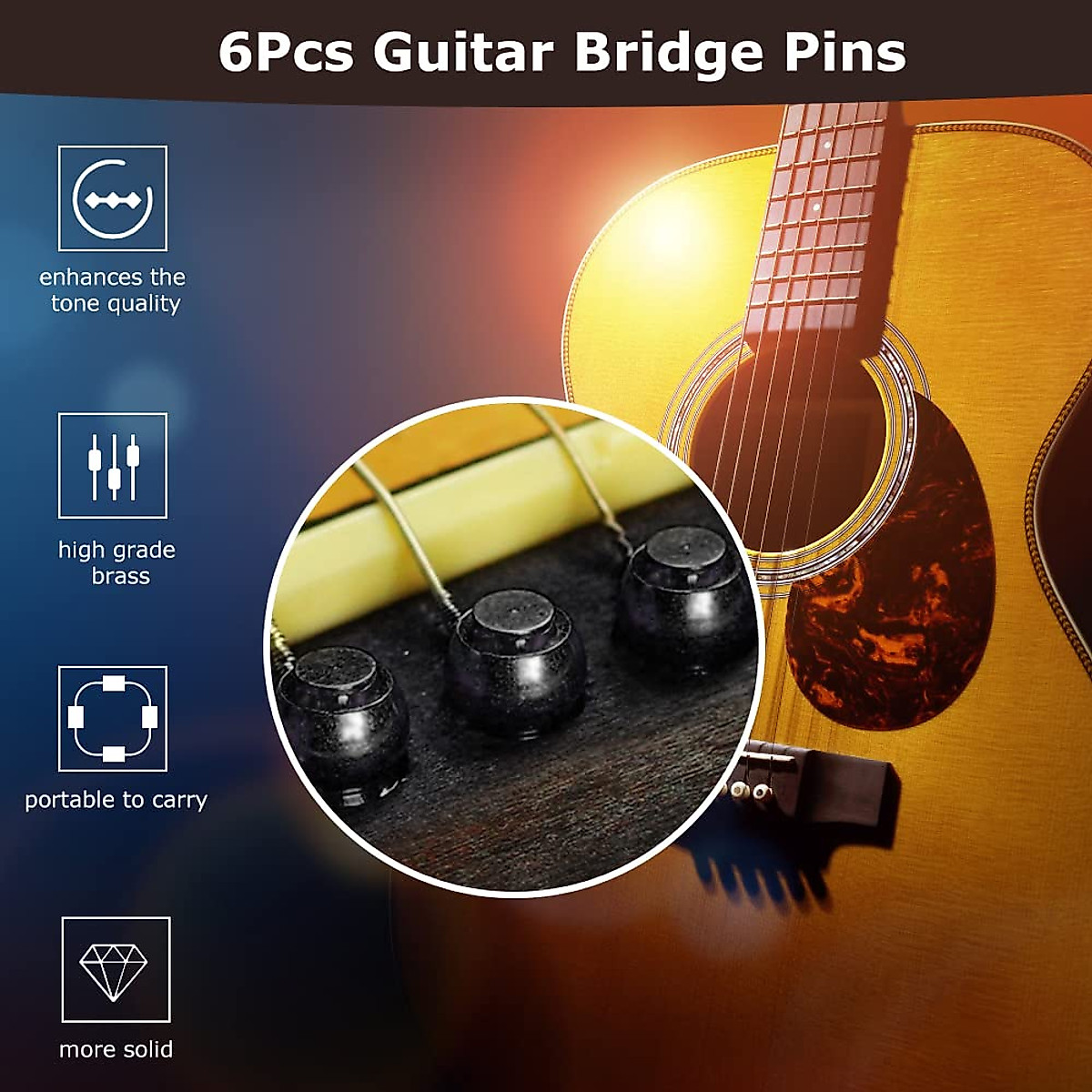 6Pcs Guitar Bridge Pins, Brass Pin Acoustic Guitar Strings Nail Pegs (Black) Ebony Bridge Pins 6 Pacoustic Guitar Strings