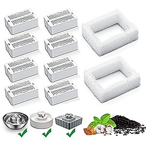 Cat Water Fountain Replacement Filters, 8 Pack Cat Fountain Carbon Filters and 2 Pack Foam Filters for Ceramic Pet Drinking Fountain and Stainless Steel Pet Water Fountain (8+2 Pack)