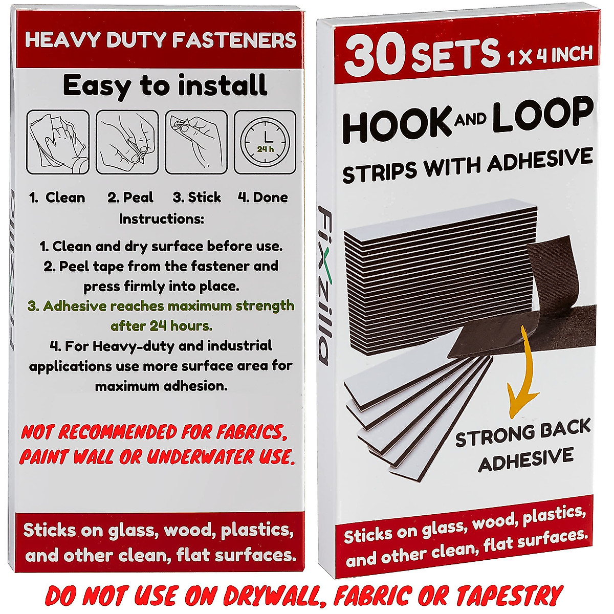FixZilla 30 Sets Hook and Loop Strips with Adhesive - 1x4 Inch - Strong Back Adhesive Fasteners Tape, Black