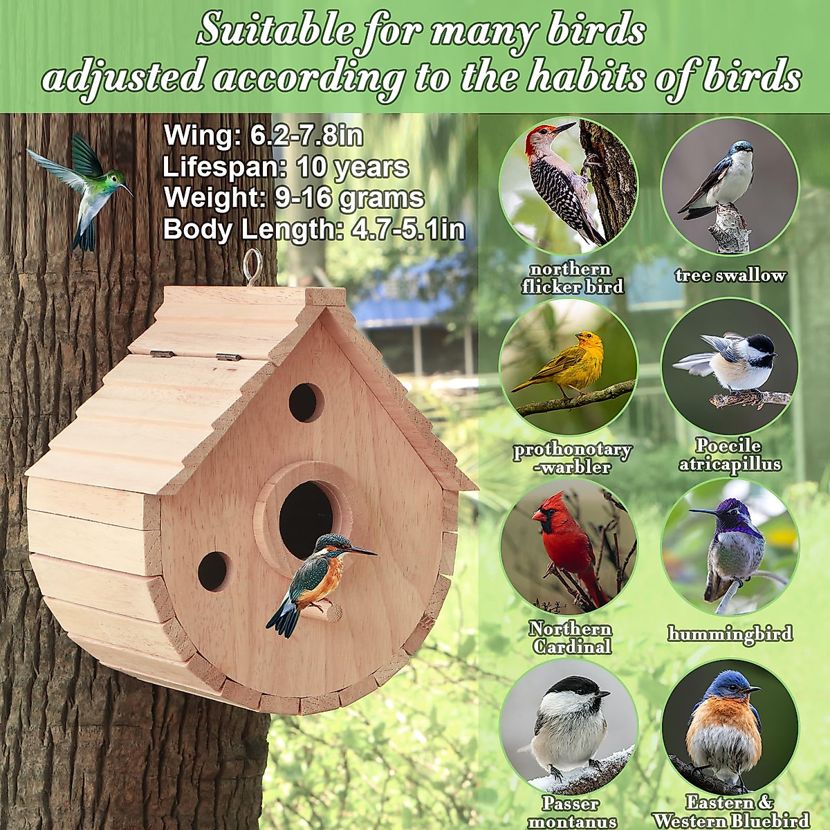 Wooden Bird House for Outside，3Holes Bird House for Bluebird Cardinals Wren Swallow, Hangding Birdhouse in Garder/Balcony/Courtyard (Wood Color)