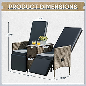 Devoko Patio Recliner Loveseat Chair, Adjustable Backrest Wicker Conversation Set with Table,Thick Cushion, Outdoor & Indoor Patio Recliners for Balcony, Porch, Living Room