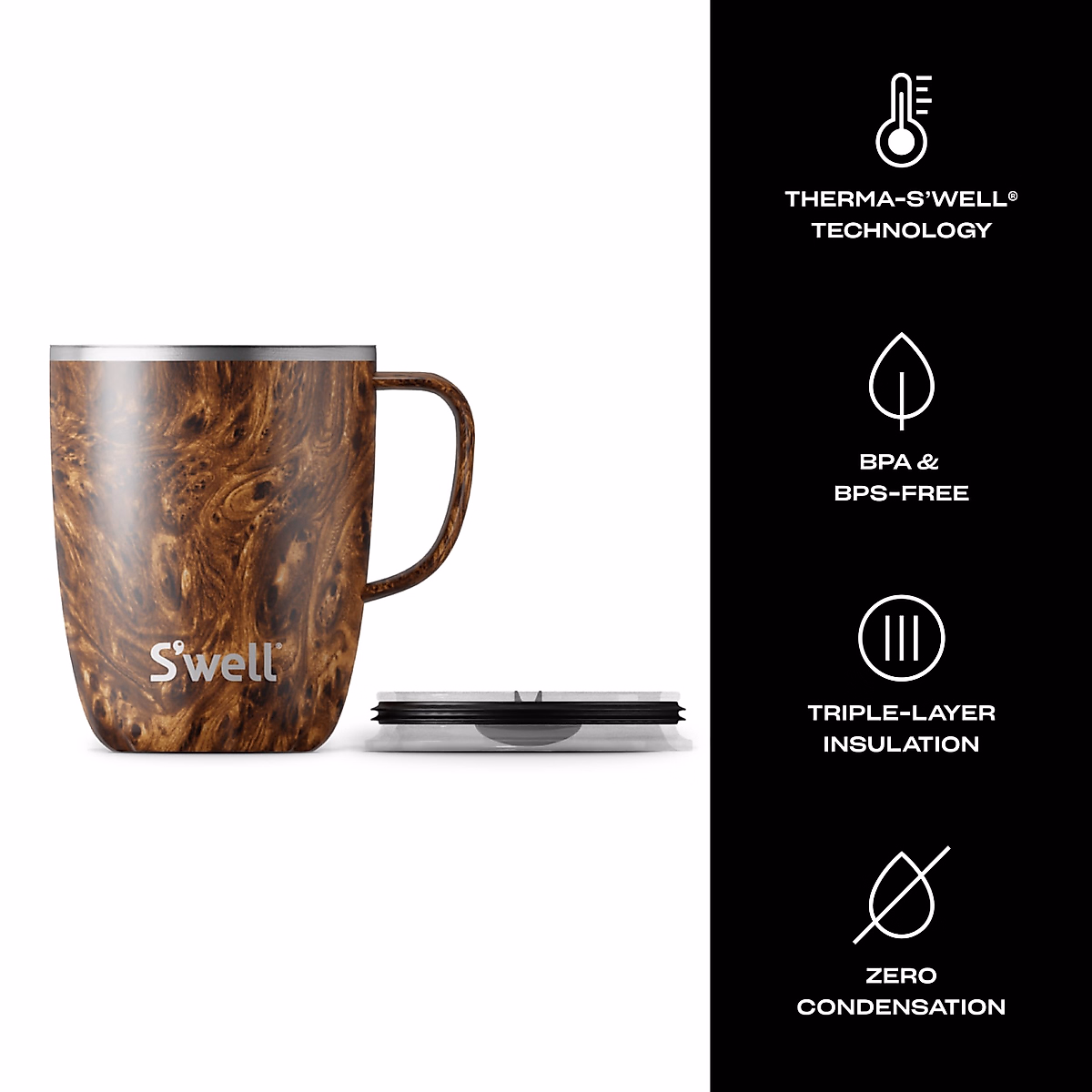 S'well Stainless Steel Mug with Handle, 12oz, Teakwood, Triple Layered Vacuum Insulated Containers Keeps Drinks Colder and Hotter for Longer, BPA Free