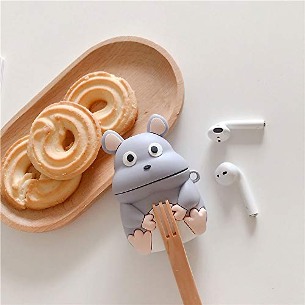 ICI-Rencontrer Compatible with Earbuds Case Airpods 1 & 2, Kids Girls Women 3D Cute Vivid Distinctive Grey Hippo Mice Animals Design Wireless Charging Earphone Soft Silicone Shockproof Protector Hook