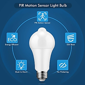 ONEVER Motion Sensor Light Bulbs - 12W (100W Equivalent) PIR Motion Activated Dusk to Dawn Light Bulb Auto on/Off E26 6000K Cool White Indoor Outdoor Security Bulb for Front Door Garage Hallway 2 Pack
