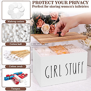 Tampon Holder for Bathroom, Farmhouse Pad Orgainzier Container, Rustic Wood Bathroom Storage Bin with Lid, Movable Partition Feminine Product Organizer, Tampon Storage Container (White &Wood Lid)